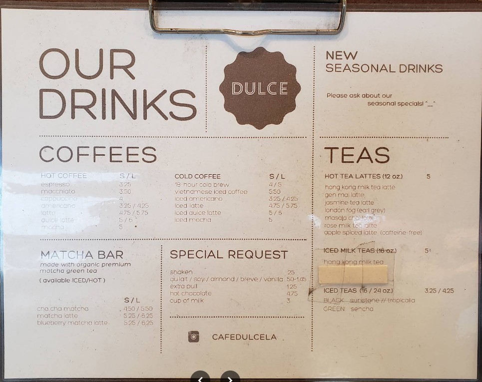 Cafe Dulce Restaurant Menu – Specialty Coffees, Pastries & Baked Goods ...